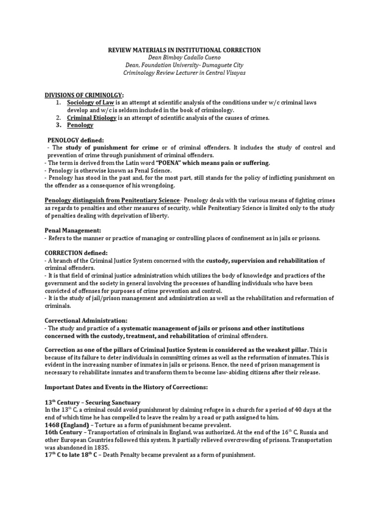 INSTITUTIONAL CORRECTION Review Mat | PDF | Prison | Penology