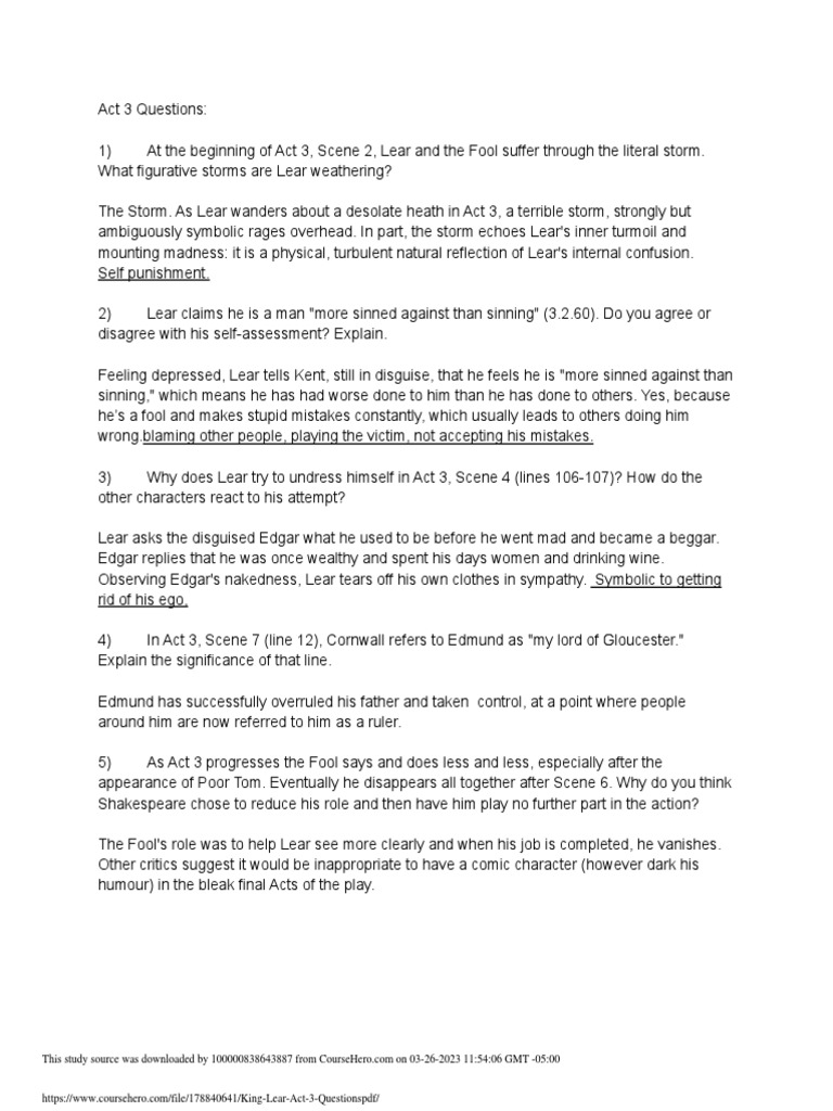 King Lear Act 3 Questions PDF | PDF | King Lear