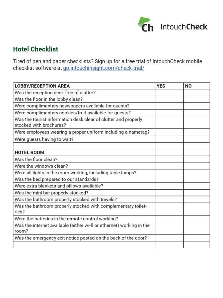 Hotel Checklist Example in PDF | PDF