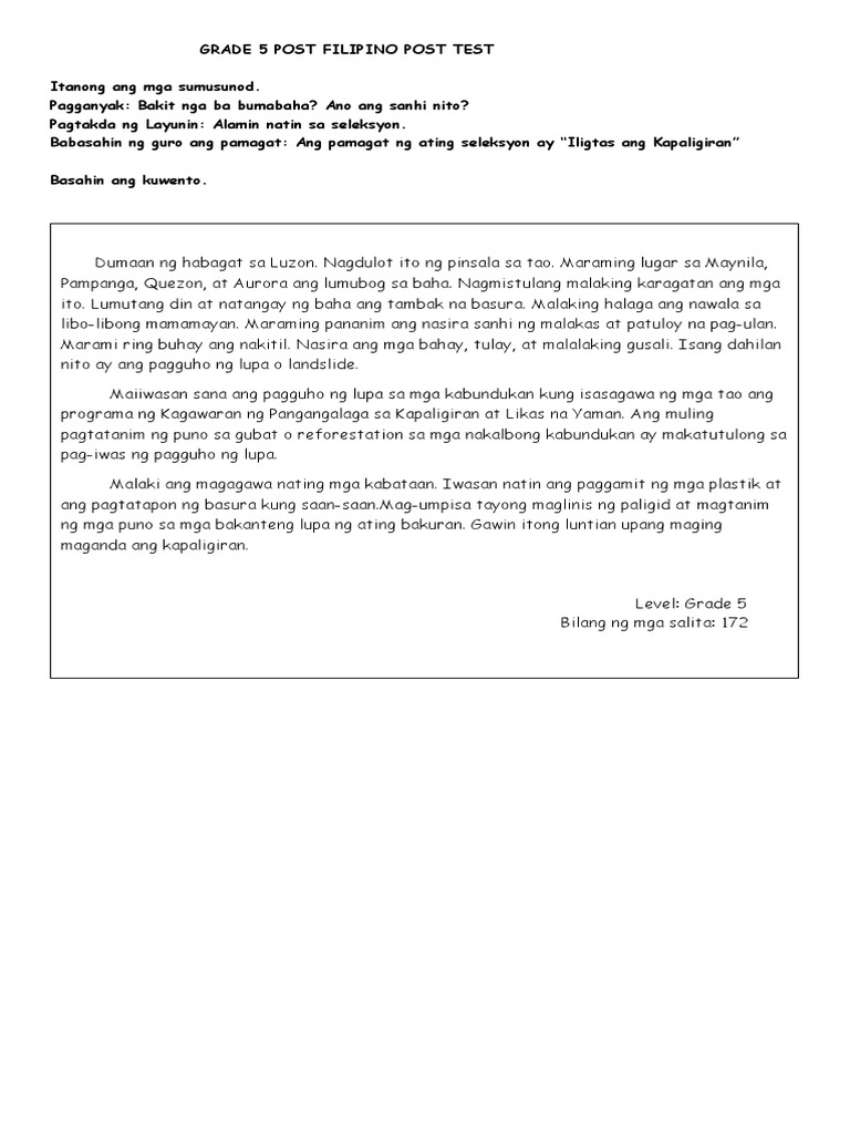 Grade 5 Filipino Phil-Iri Post Test | PDF