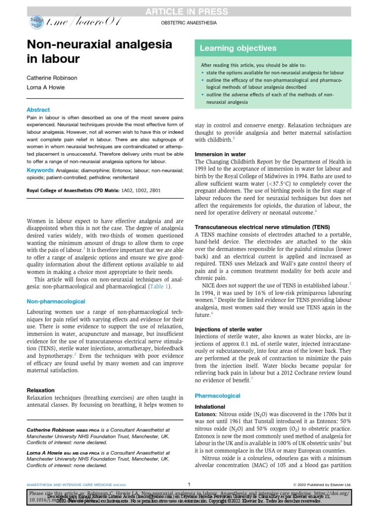 Non-Neuraxial Analgesia in Labour | PDF | Childbirth | Morphine