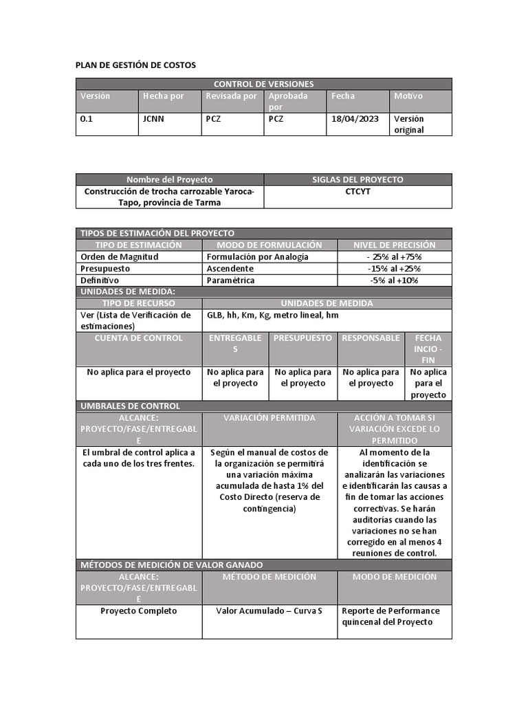 Plan de Gestión de Costos CTCYT | PDF | Presupuesto