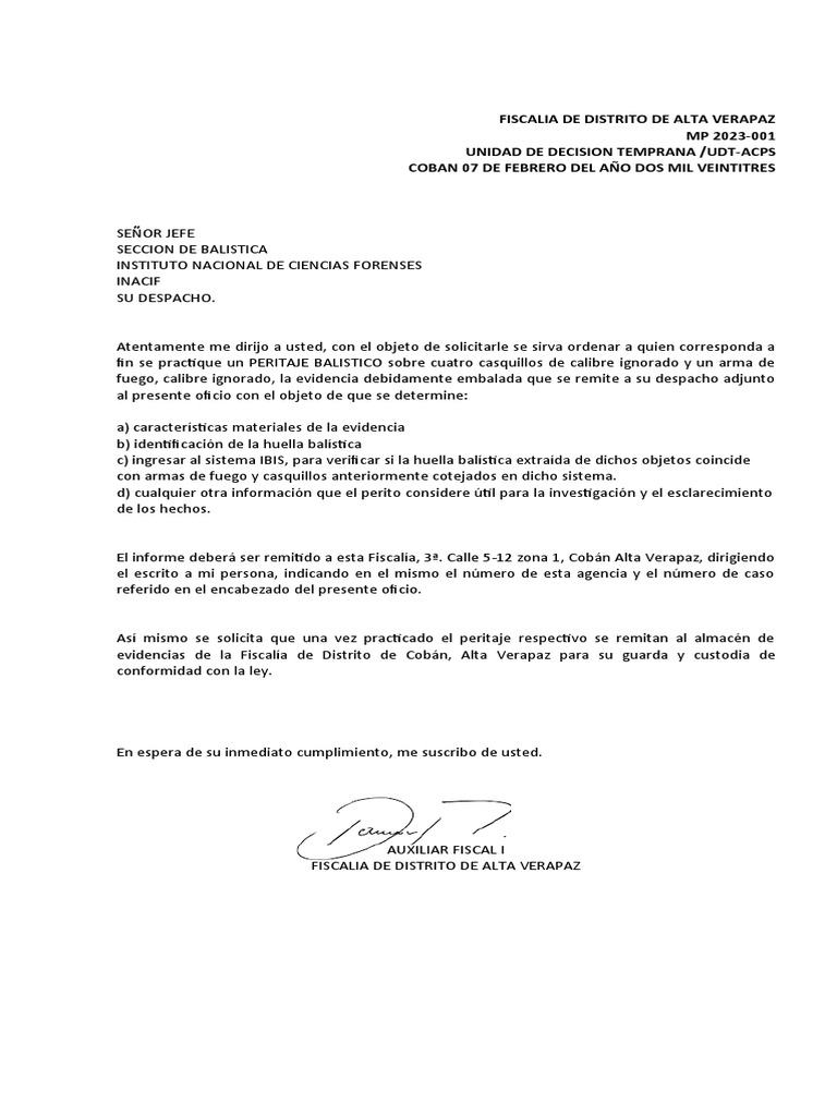 10.oficio Del MP Al Inacif para El Peritaje Balistico-Cadena de Custodia y Embalaje-1 | PDF