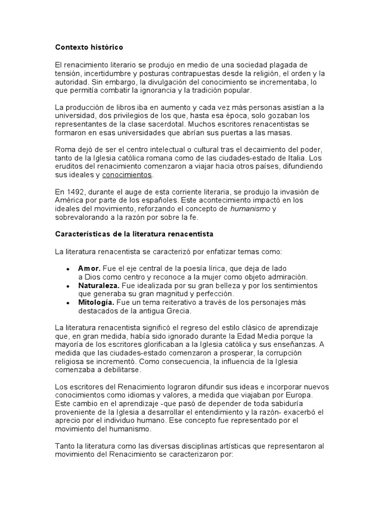 El Renacimiento Contexto Historico y Caracteristcas | PDF