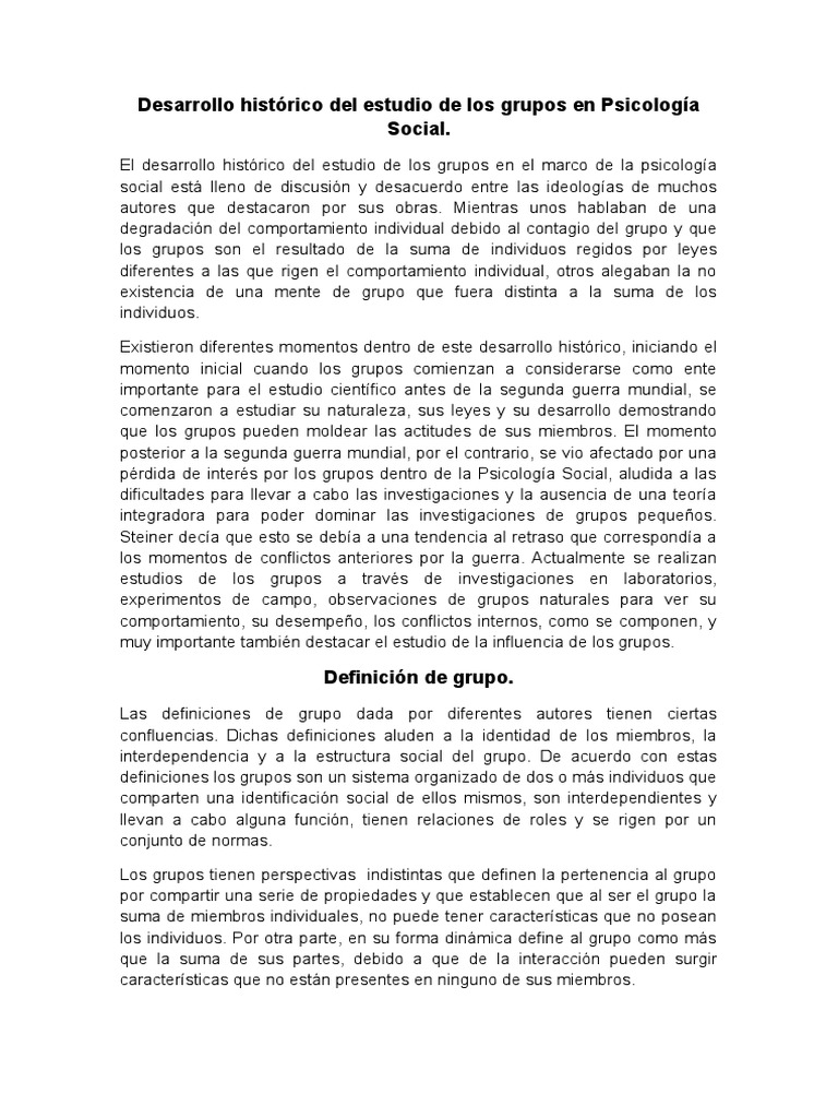Desarrollo Histórico Del Estudio de Los Grupos en Psicología Social ...