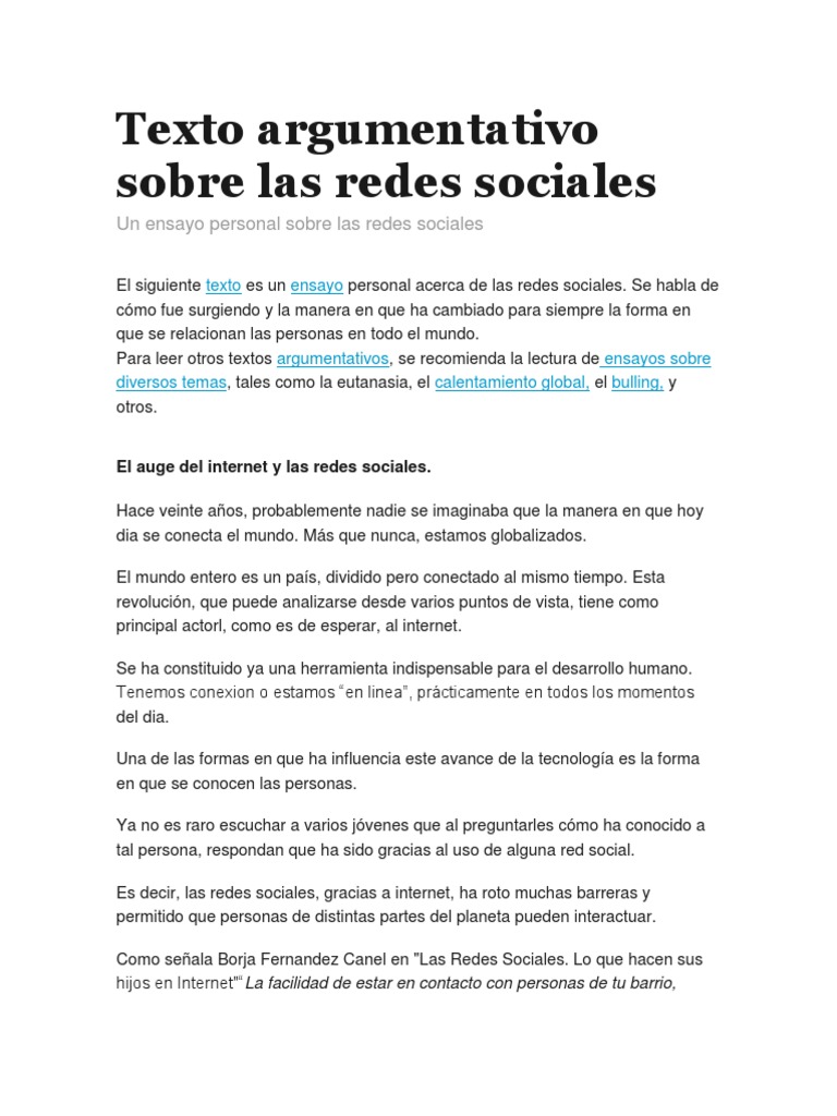 Texto Argumentativo Sobre Las Redes Sociales | PDF | Servicio de redes ...