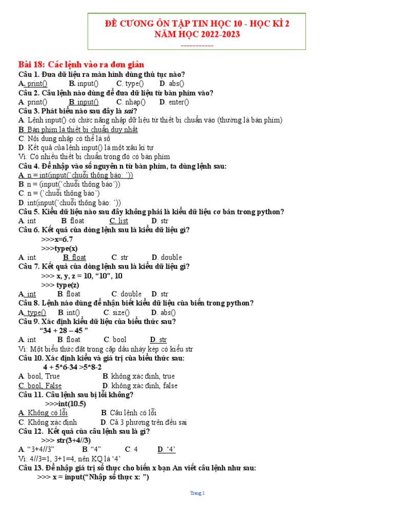 130 Câu - de Cuong Khoi 10-Hk2 | PDF