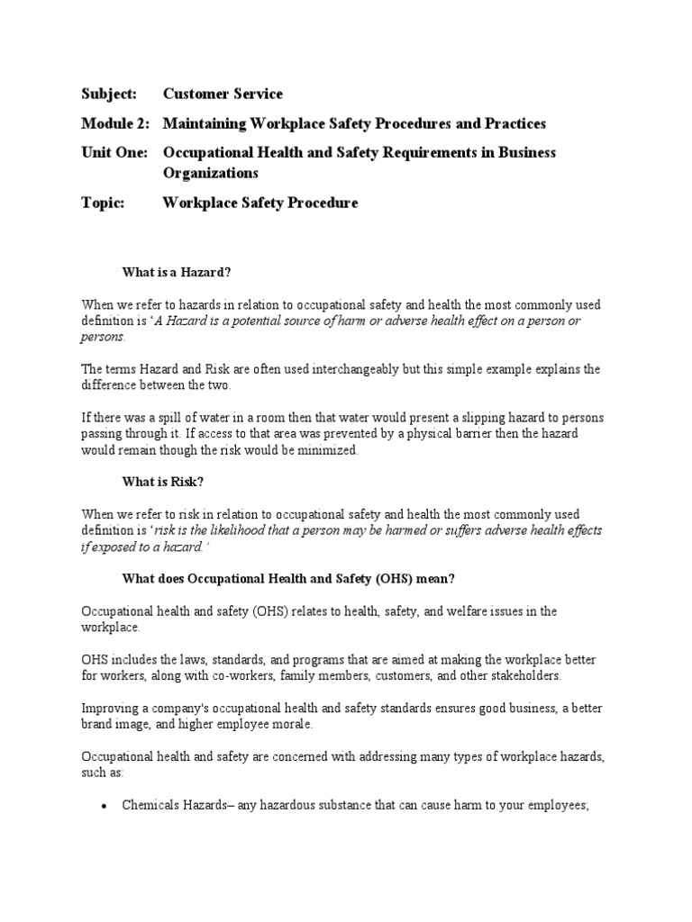Customer Service Ohs | PDF | Occupational Safety And Health | Hazards