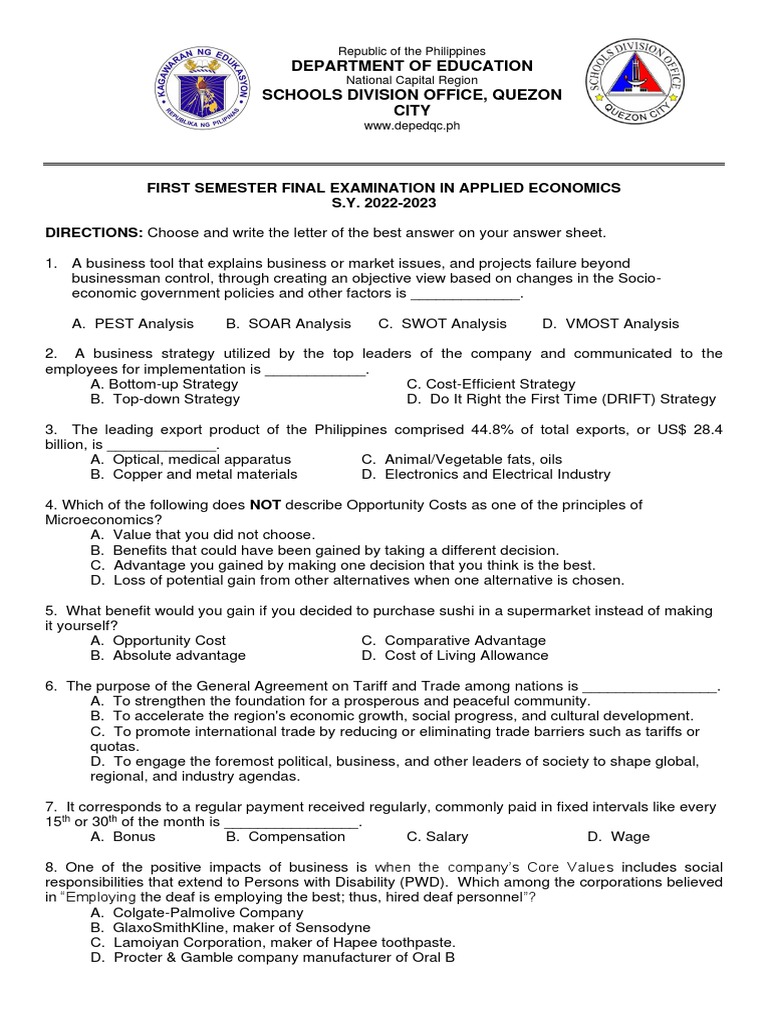 Applied Economics Final Exam 2022-2023 | PDF | Cost Of Living | Product ...