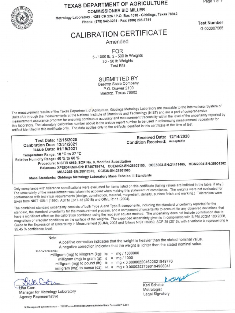 Texas Calibration Certificate | PDF