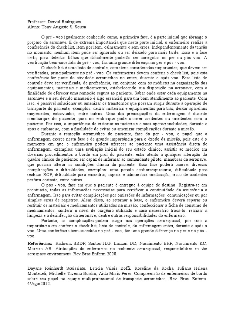 A Importancia Do Pre, Per e Pos Voo I | PDF | Enfermagem | Voo