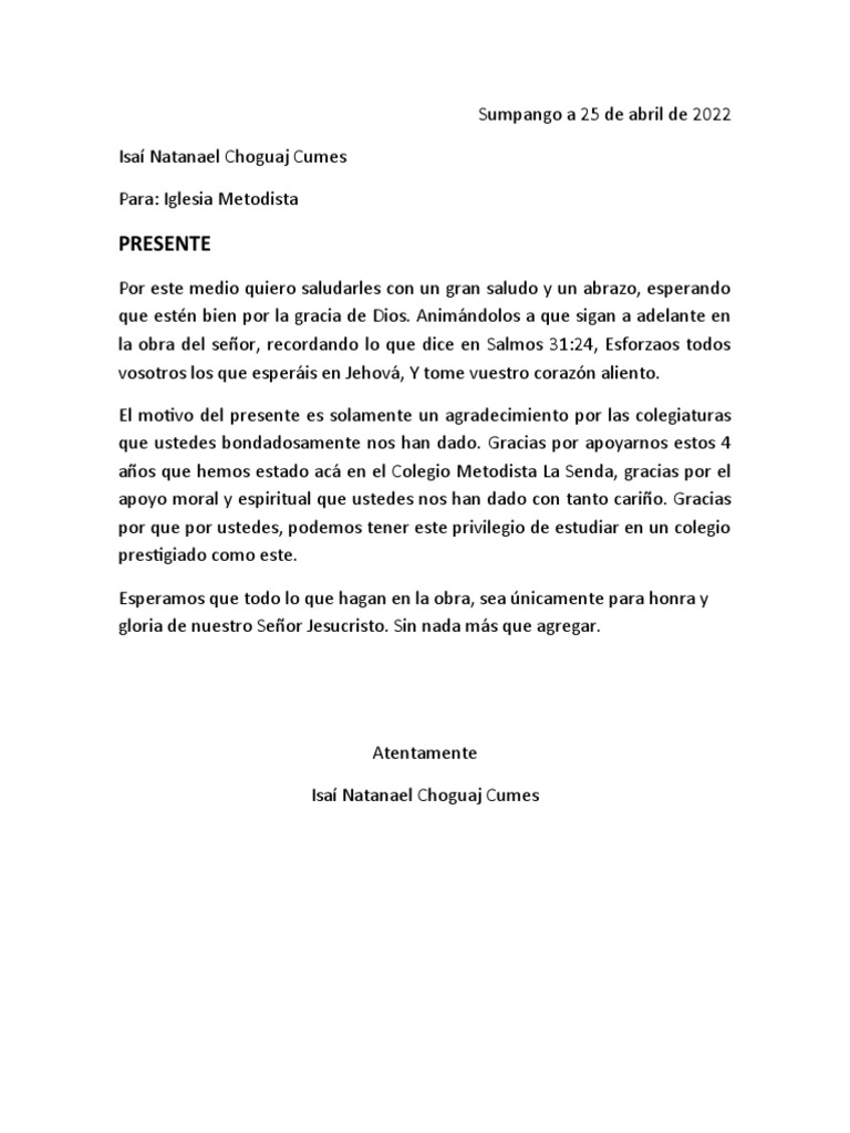 Carta de Accion de Gracias - Paxorotot | PDF