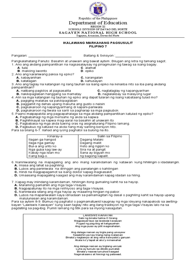 Exam-2nd-Grading Filipino 7 | PDF