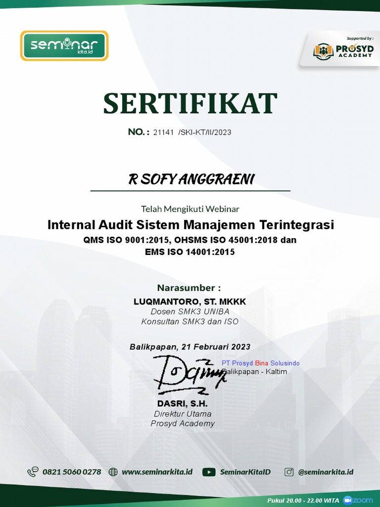 SERTIFIKAT Internal Audit Sistem Manajemen Terintegrasi | PDF