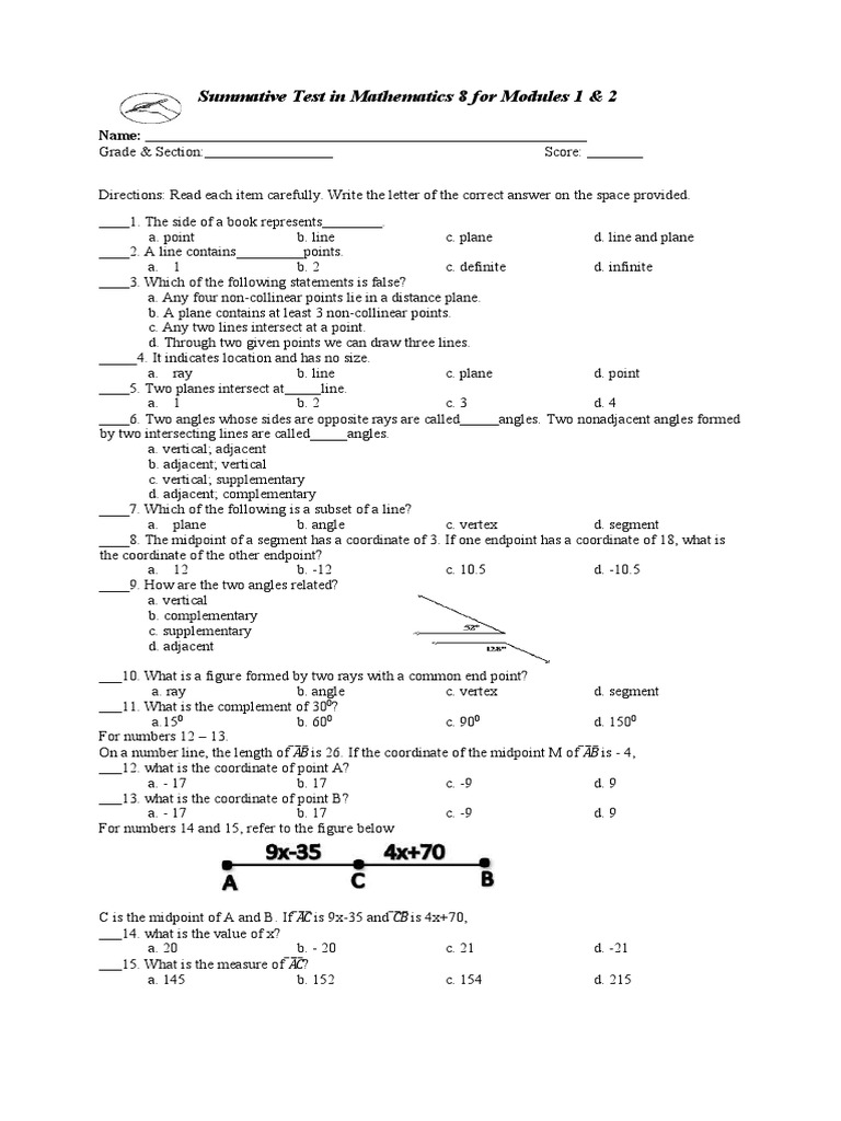 Math 8 Summative Test: Modules 1 & 2 | PDF | Line (Geometry) | Angle