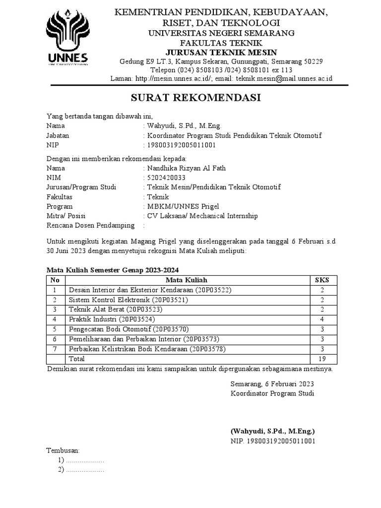 Format 2. MSIB3 UNNES - Template Surat Rekomendasi Prodi | PDF