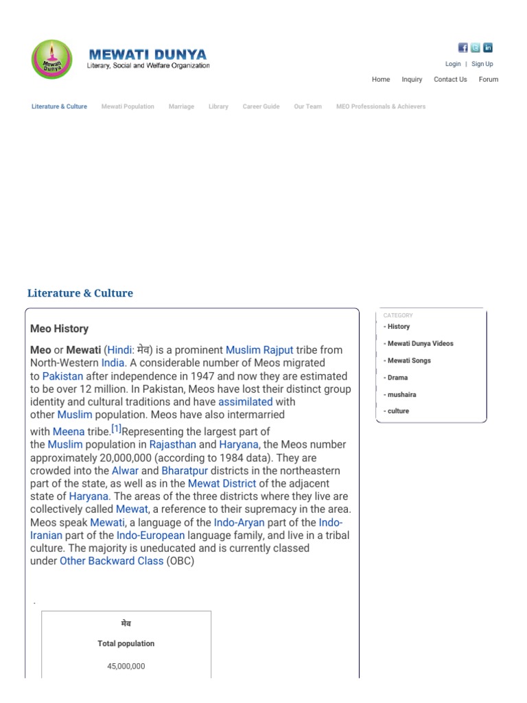 Meo History Meo or Mewati (: Literature & Culture | PDF | Social Groups ...