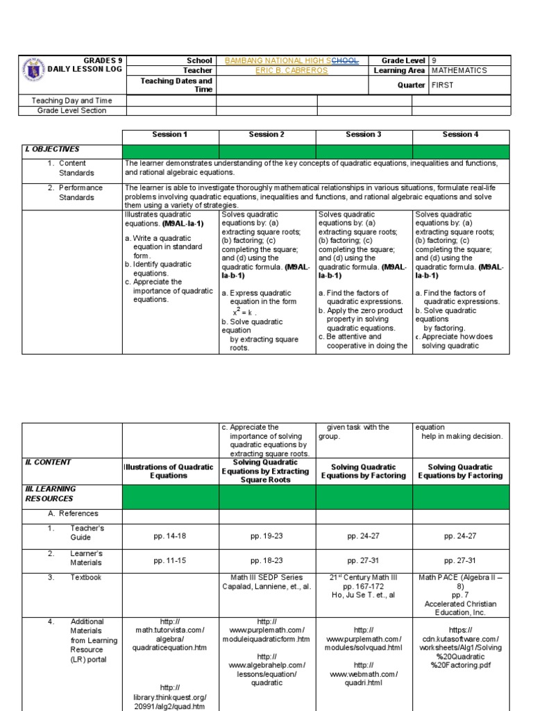 Daily Lesson Log in Math 9 | PDF | Equations | Quadratic Equation