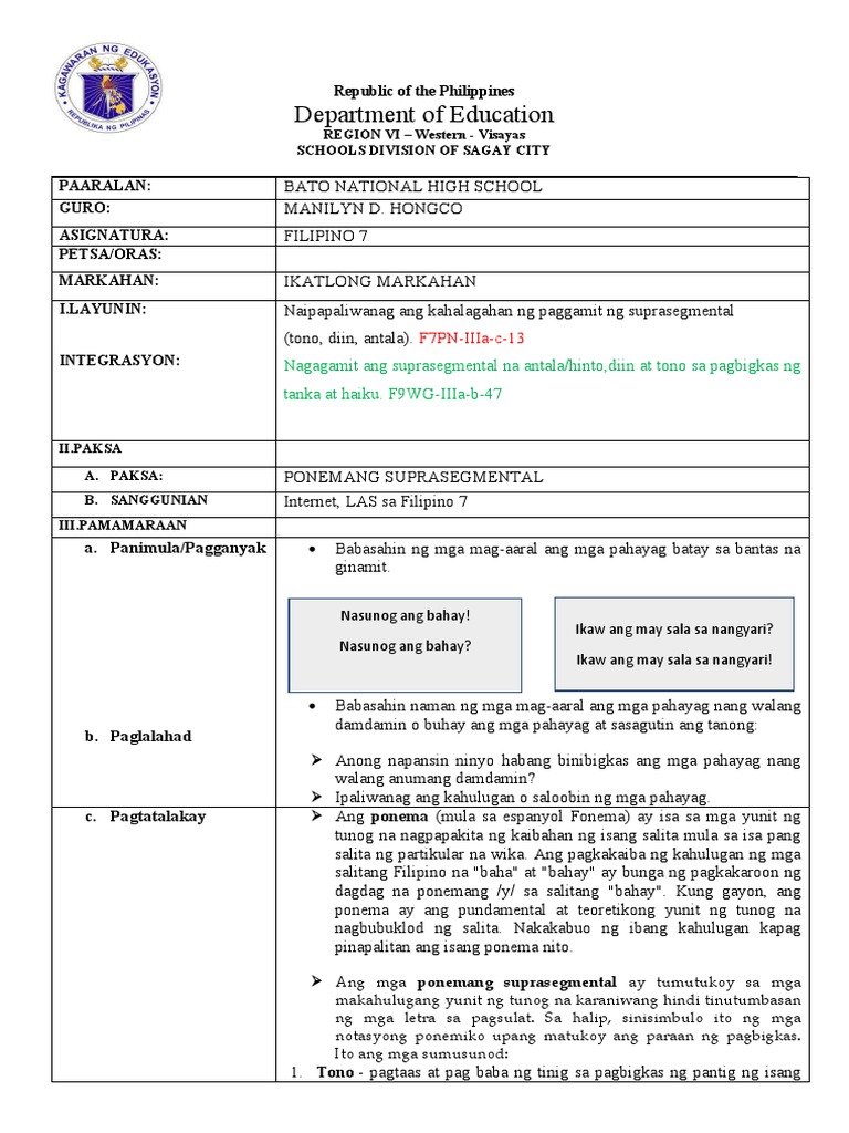 Banghay Aralin Sa Filipino 7. Cot 1 | PDF