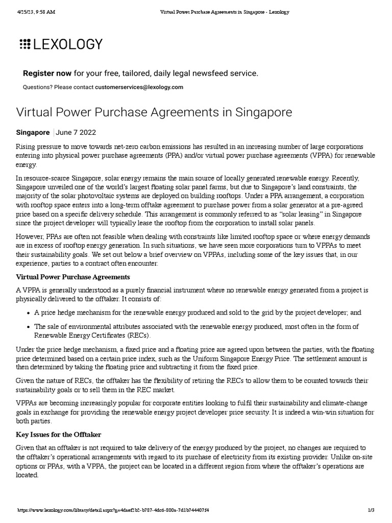 Virtual Power Purchase Agreements in Singapore - Lexology | PDF | Solar Energy | Renewable Energy