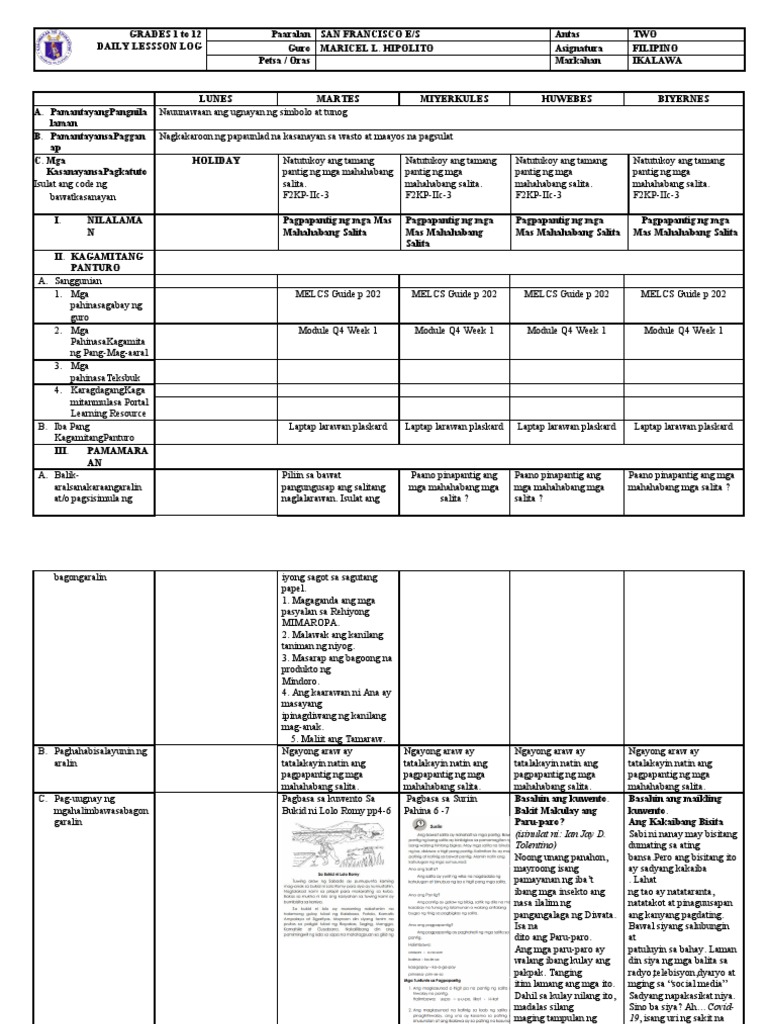 DLL Filipino Q4W1 | PDF