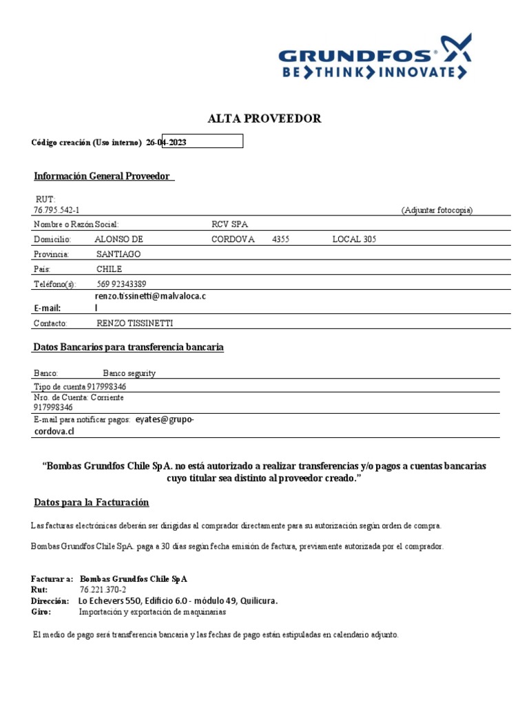 BGC Formulario de Alta Proveedores | PDF | Transferencia bancaria ...
