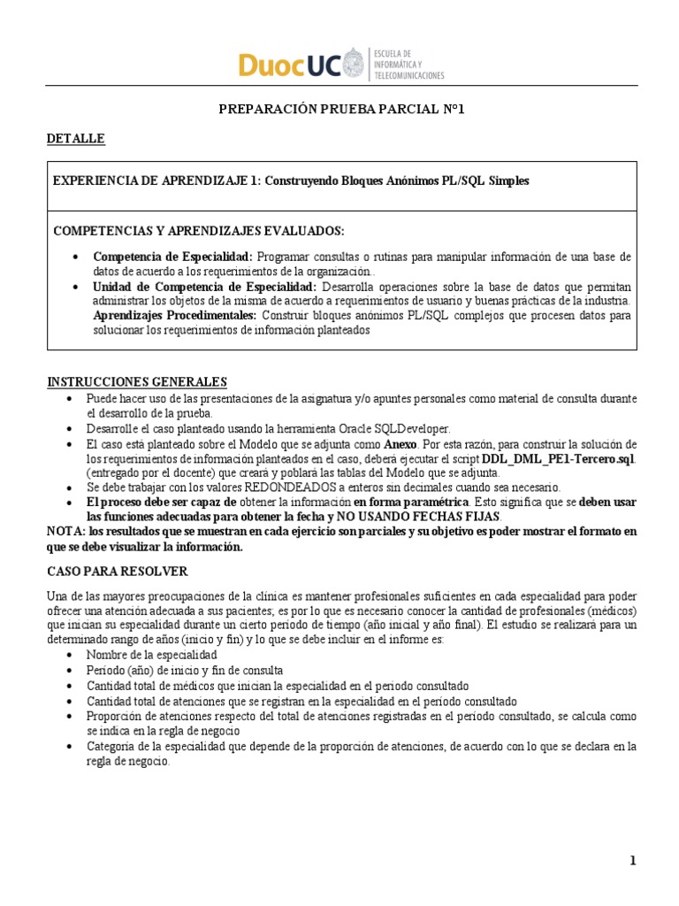 MDY3131 PE1-Tercero | PDF | SQL | Pl / Sql