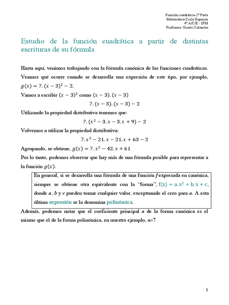 Estudio de La Función Cuadrática A Partir de Distintas Escrituras de Su ...