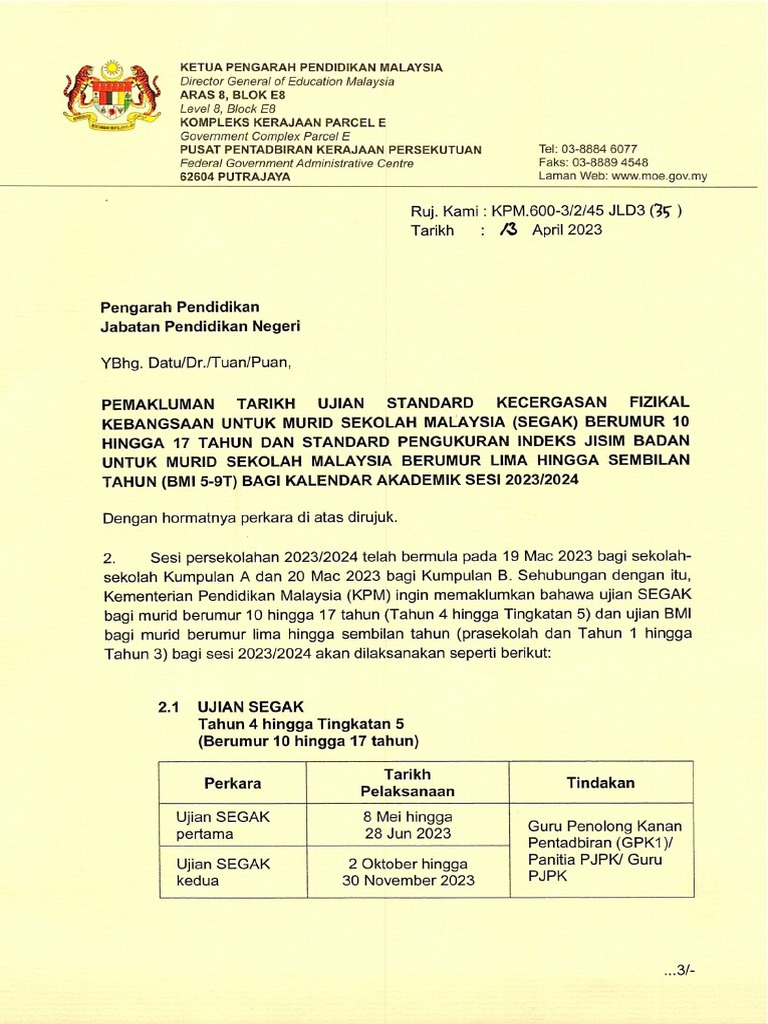 Pemakluman Tarikh Ujian Segak Bmi 5-9T 2023 2024 | PDF