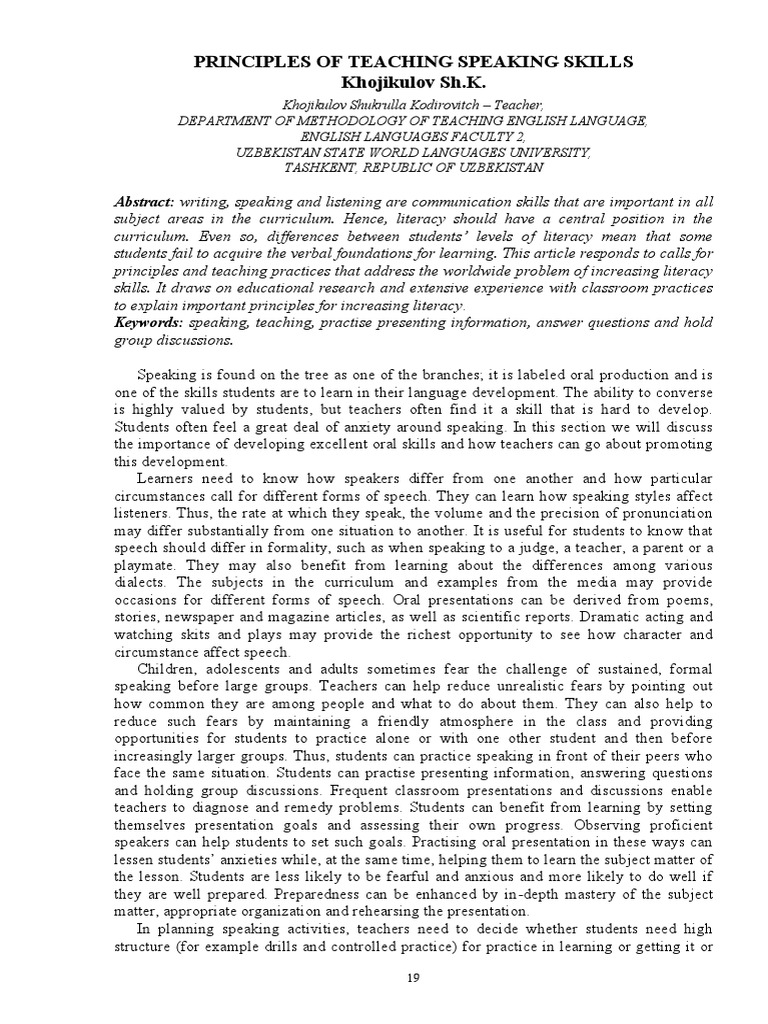 Principles of Teaching Speaking Skills | PDF | Teachers | Literacy