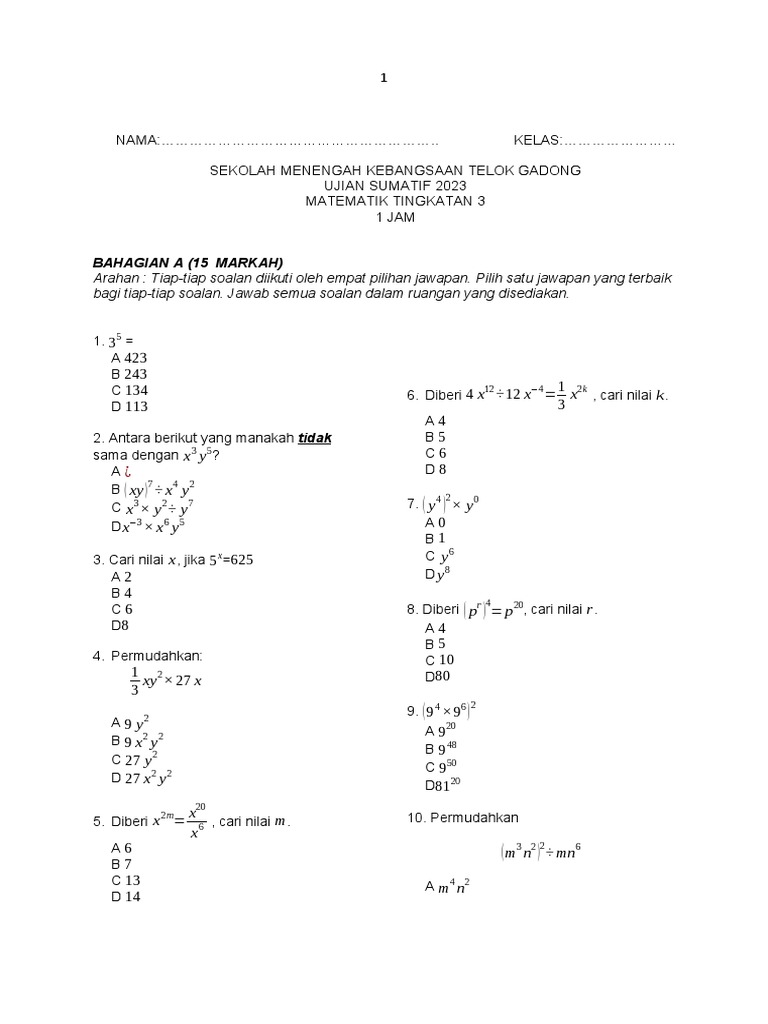 Math Ting 3 Sumatif 2023 | PDF