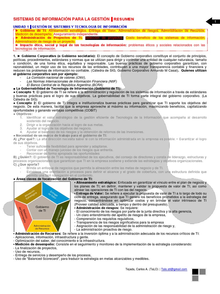 86 - Sig - Resumen Unidad 1 Gestión de Sistemas y Tecnologia de Información | PDF | Cobit ...