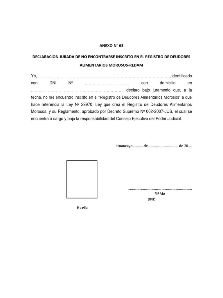 Declaracion Jurada de No Encontrarse Inscrito en El Registro de ...