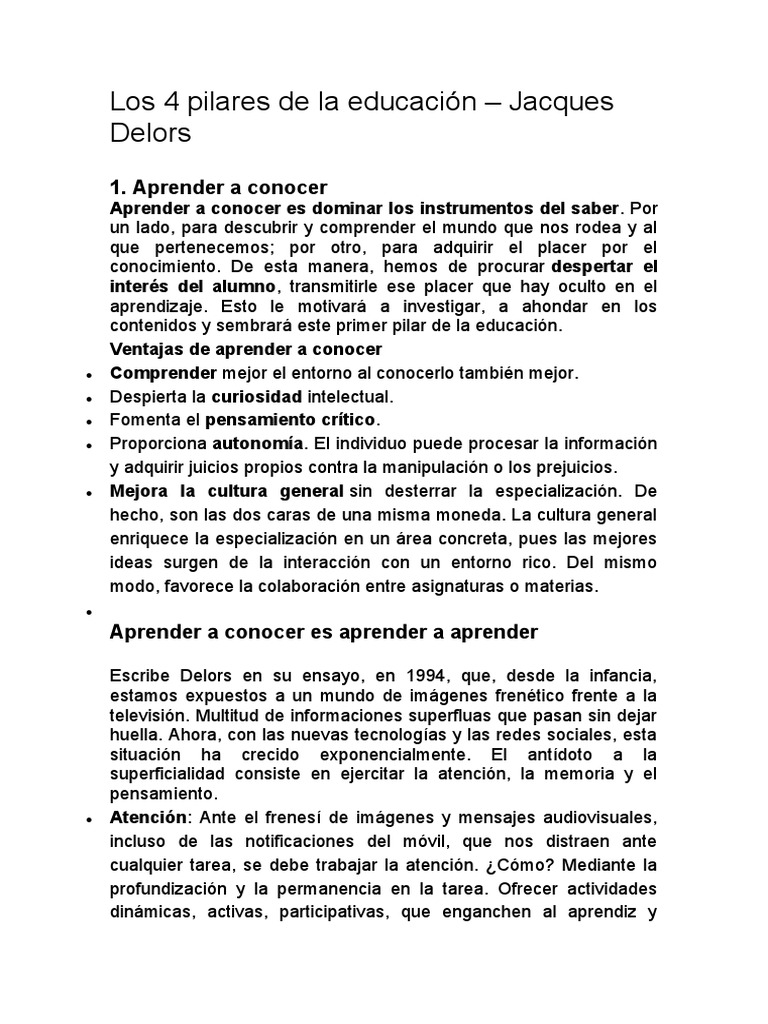 Los cuatro pilares fundamentales de la educación según Jacques Delors | PDF | Aprendizaje ...