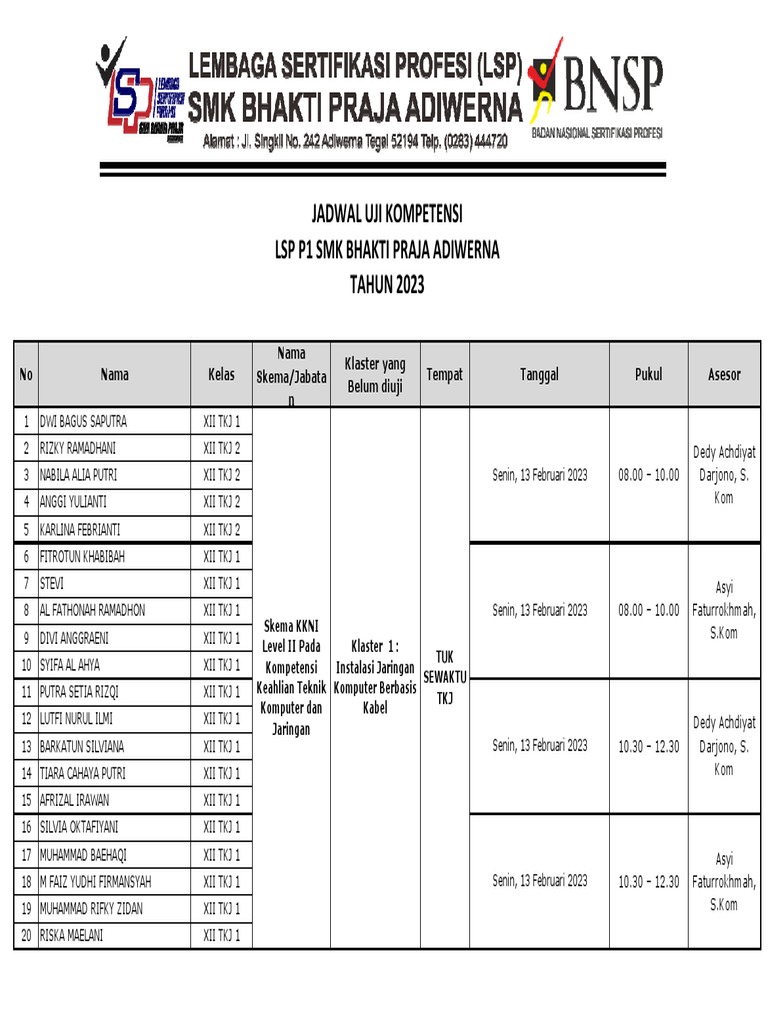 DATA NAMA ASESI JURUSAN TKJ DAN JADWAL FIX (Version 1) | PDF