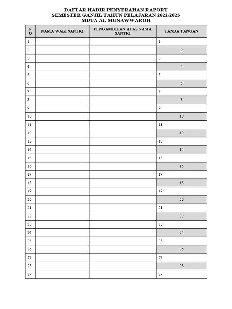 Daftar Hadir Penyerahan Raport Mda | PDF