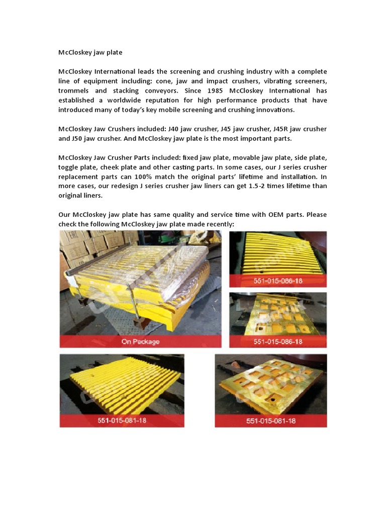 McCloskey J45 Jaw Plate Overview | PDF