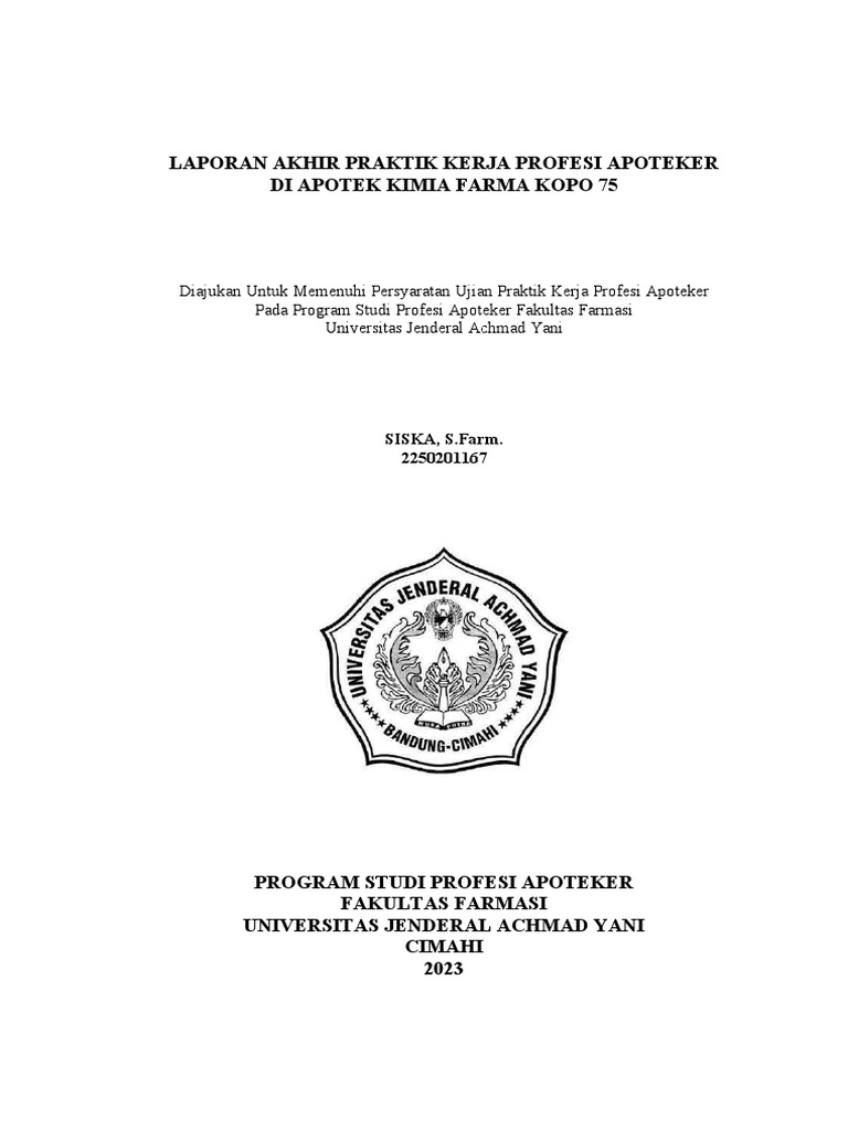 Laporan Akhir Pkpa Apotek Kimia Farma Kopo 75 Siska (2250201167) | PDF