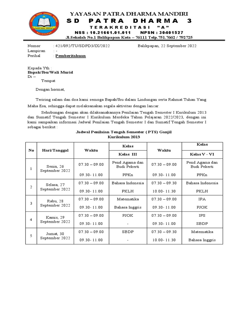 EDARAN Dan JADWAL PTS Dan STS SEMESTER GANJIL 2022-2023 | PDF