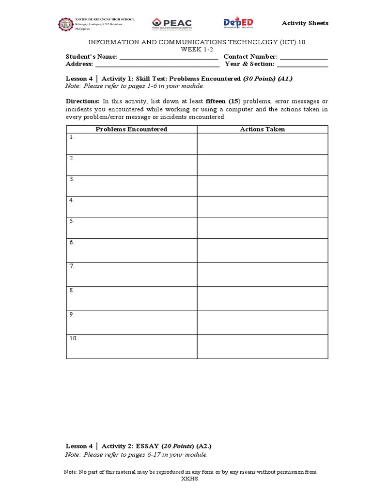 Tle Activity Sheets Fourth 10 | PDF