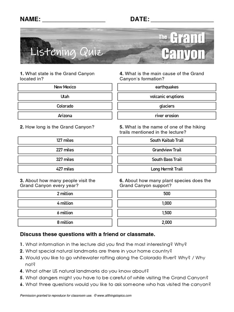 Grand - Canyon Listening Quiz 230223 | PDF | Grand Canyon | Earth Sciences