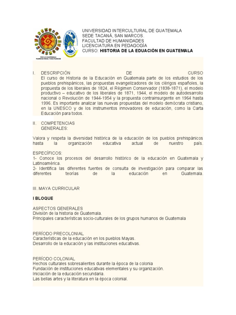 Programa de Curos Historia de La Eduacion en Guatemala | PDF