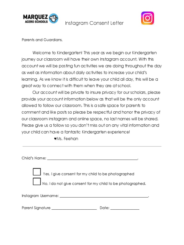 Instagram Consent for Kindergarten Photos | PDF