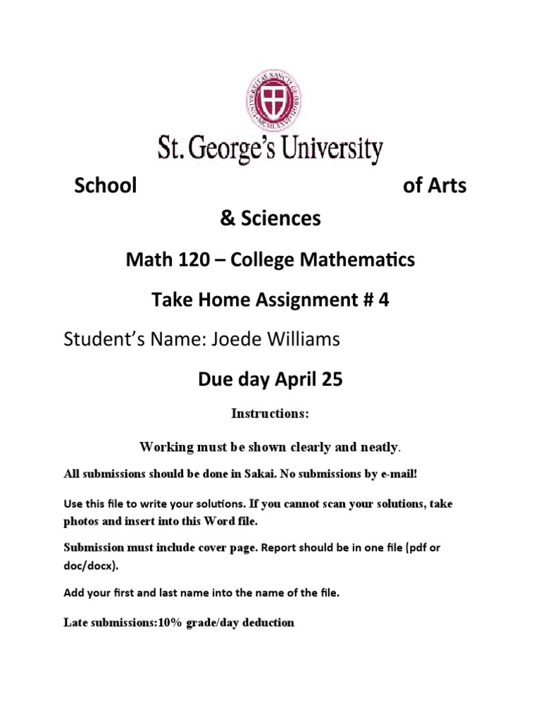School of Arts & Sciences: Math 120 - College Mathematics Take Home ...