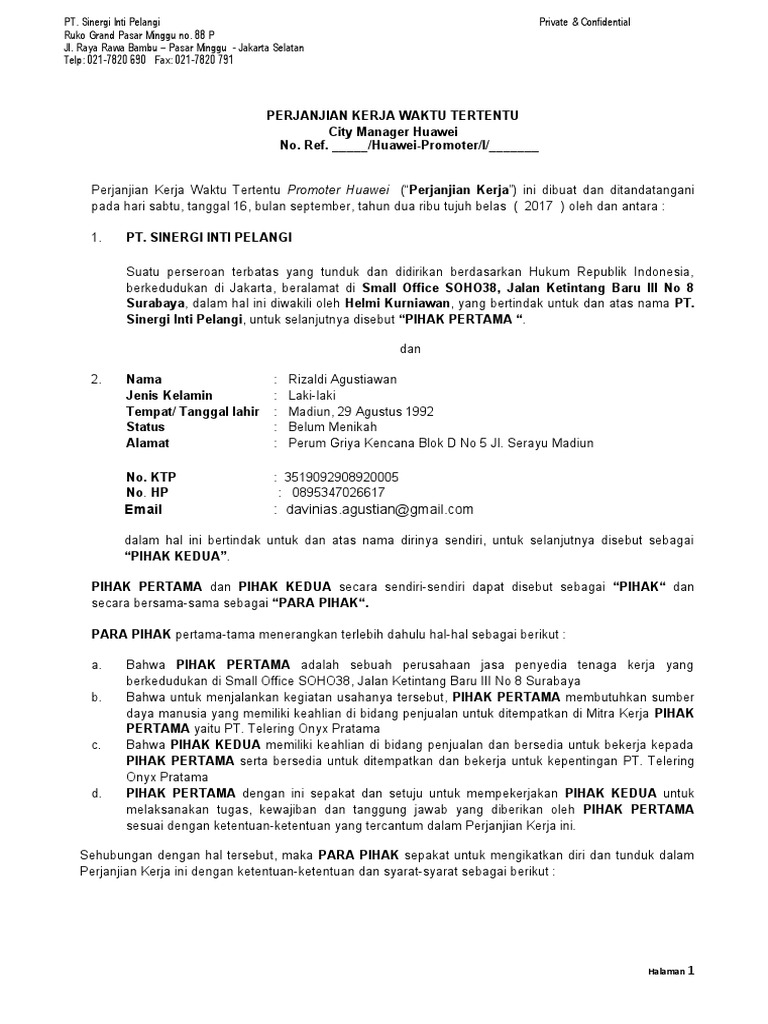 Contoh Surat Kontrak Kerja | PDF