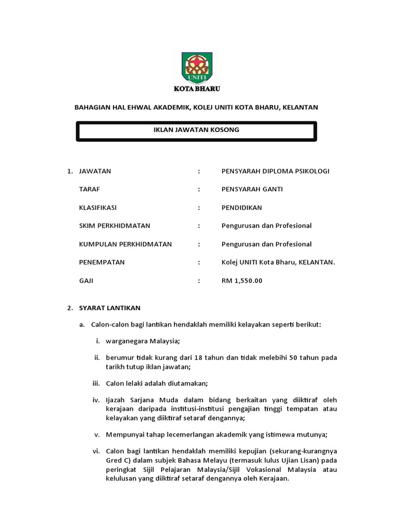 Bahagian Hal Ehwal Akademik, Kolej Uniti Kota Bharu, Kelantan Iklan ...