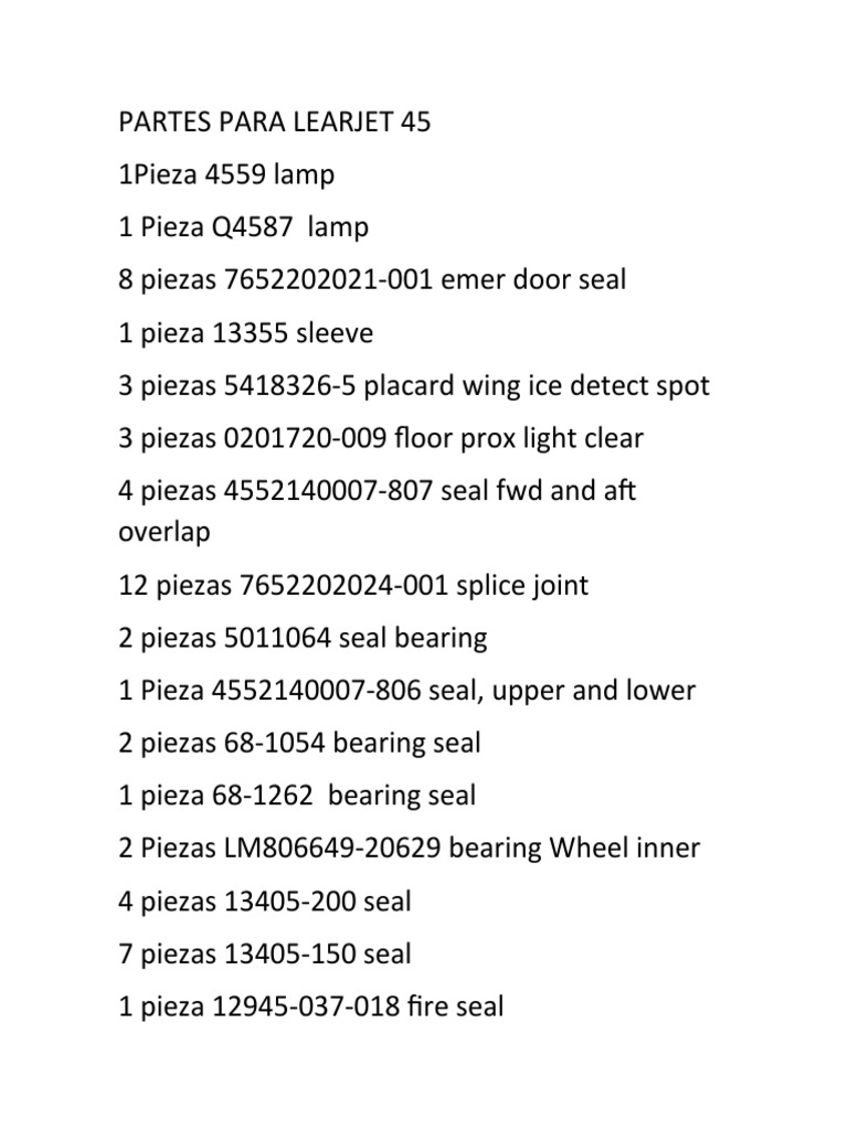 Learjet 45 Parts List and Seals | PDF | Technology & Engineering