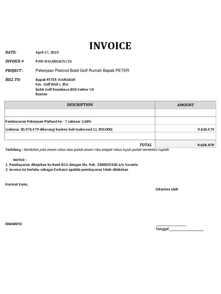 INVOICE Bukit Golf Plafond Ke VII | PDF