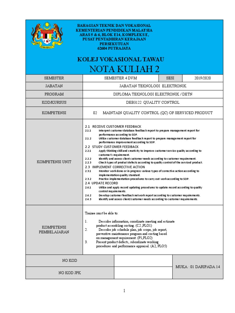 Nota Kuliah (2) MAINTAIN QUALITY CONTROL (QC) SERVICED PRODUCT | PDF ...