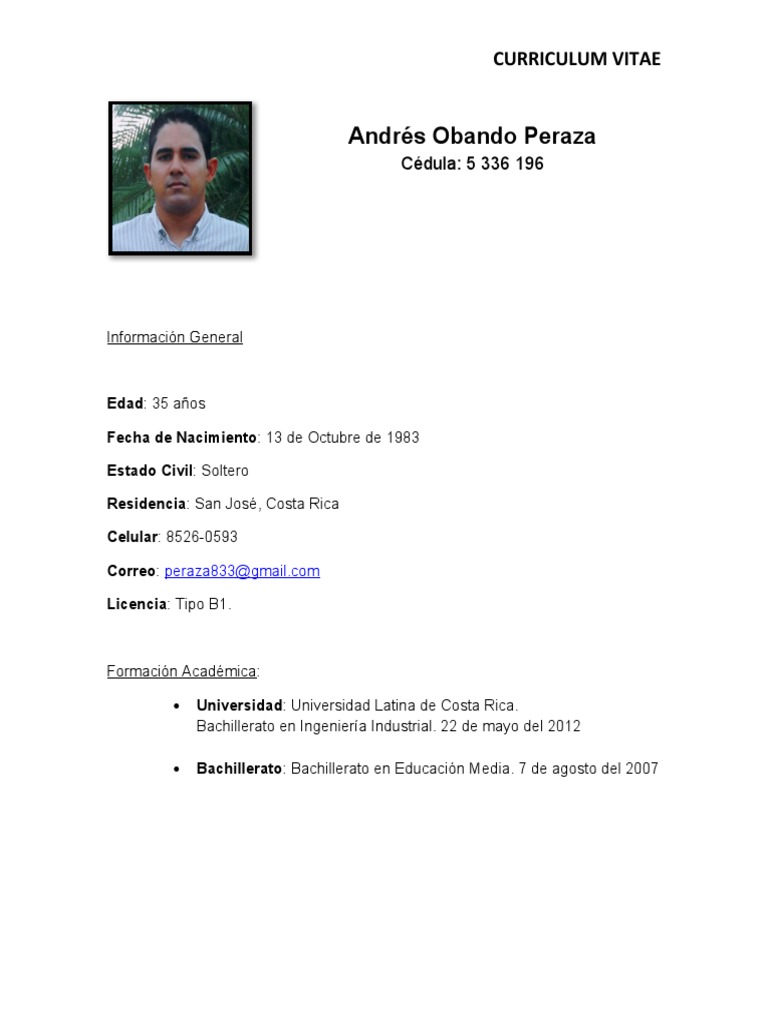 Andrés Obando Peraza: Curriculum Vitae | PDF | Ciencias sociales | Estudios de idiomas extranjeros